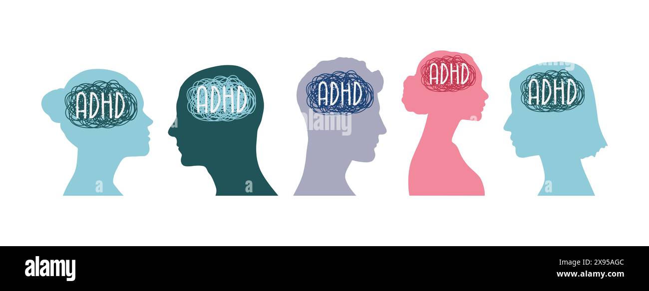 ADHD Attention disorder vector illustration of humans heads silhouette ...