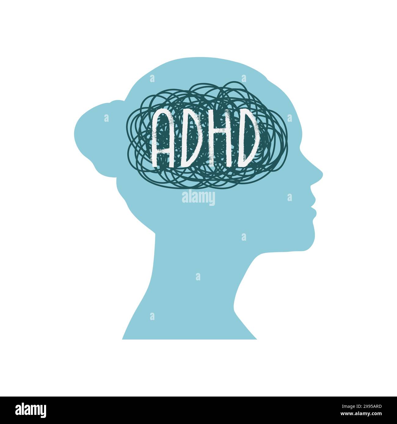 ADHD Attention disorder vector illustration of humans head silhouette with messy lines of thinks ...