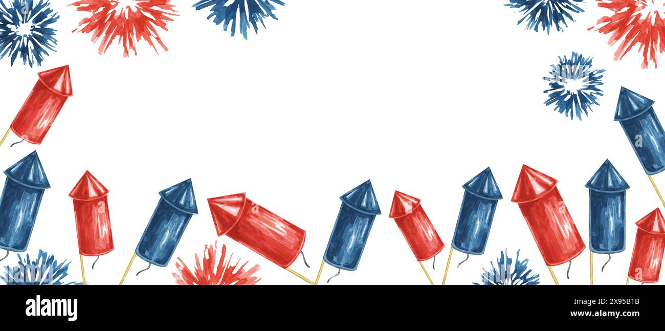 Fourth of July banner. Red, Blue firecrackers and fireworks bursts ...