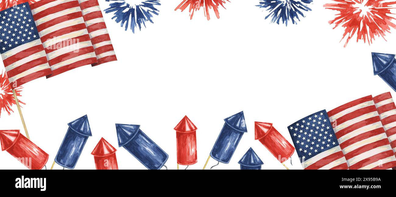 Fourth of July banner. USA flag, firecrackers and fireworks bursts ...