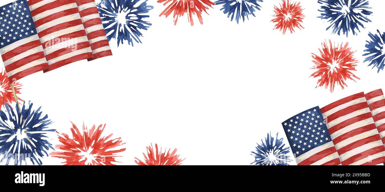 Fourth of July banner. USA flag and fireworks explosions. Independence ...