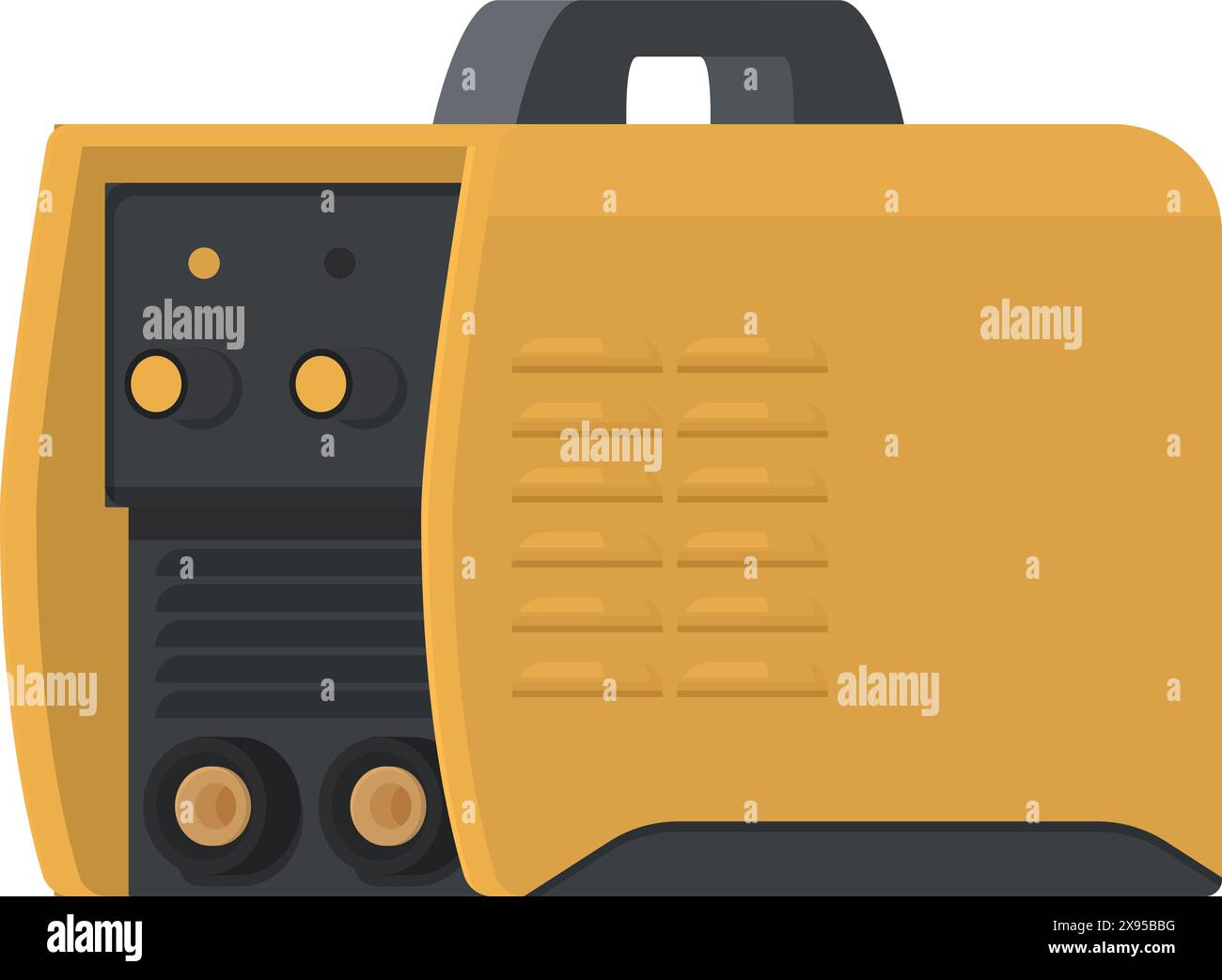 Flat design illustration of a compact and portable yellow generator. A ...