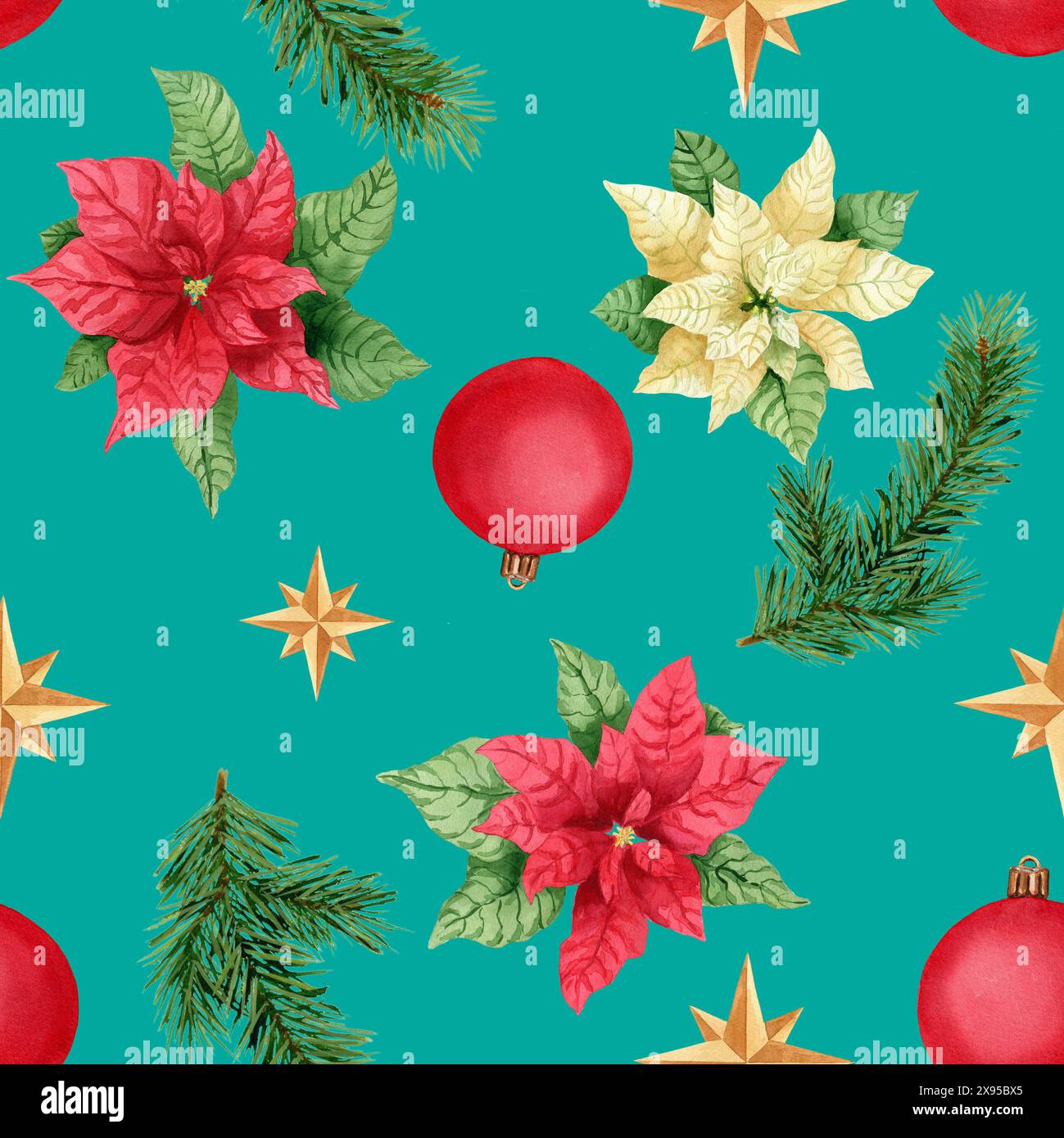 Seamless watercolor pattern with pine, stars, poinsettia and Christmas ...