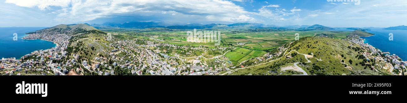 Panorama of Saranda from a drone, Albanian Riviera, Albania Stock Photo ...