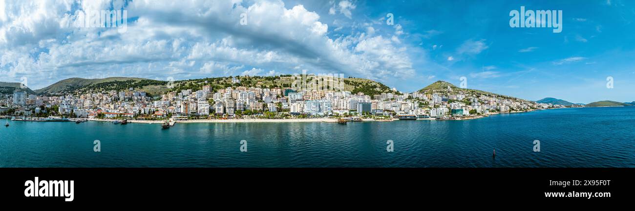Panorama of Saranda from a drone, Albanian Riviera, Albania Stock Photo ...