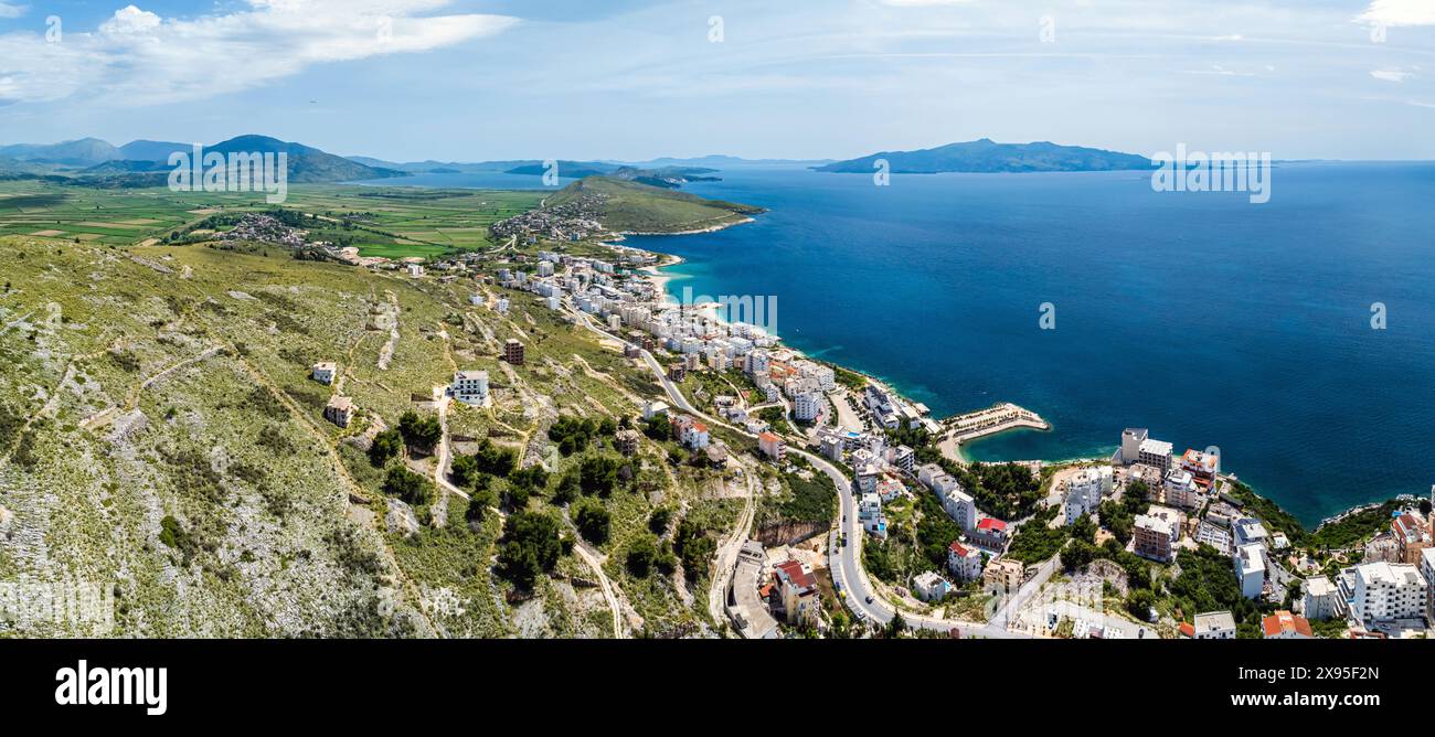 Panorama of Saranda from a drone, Albanian Riviera, Albania Stock Photo ...