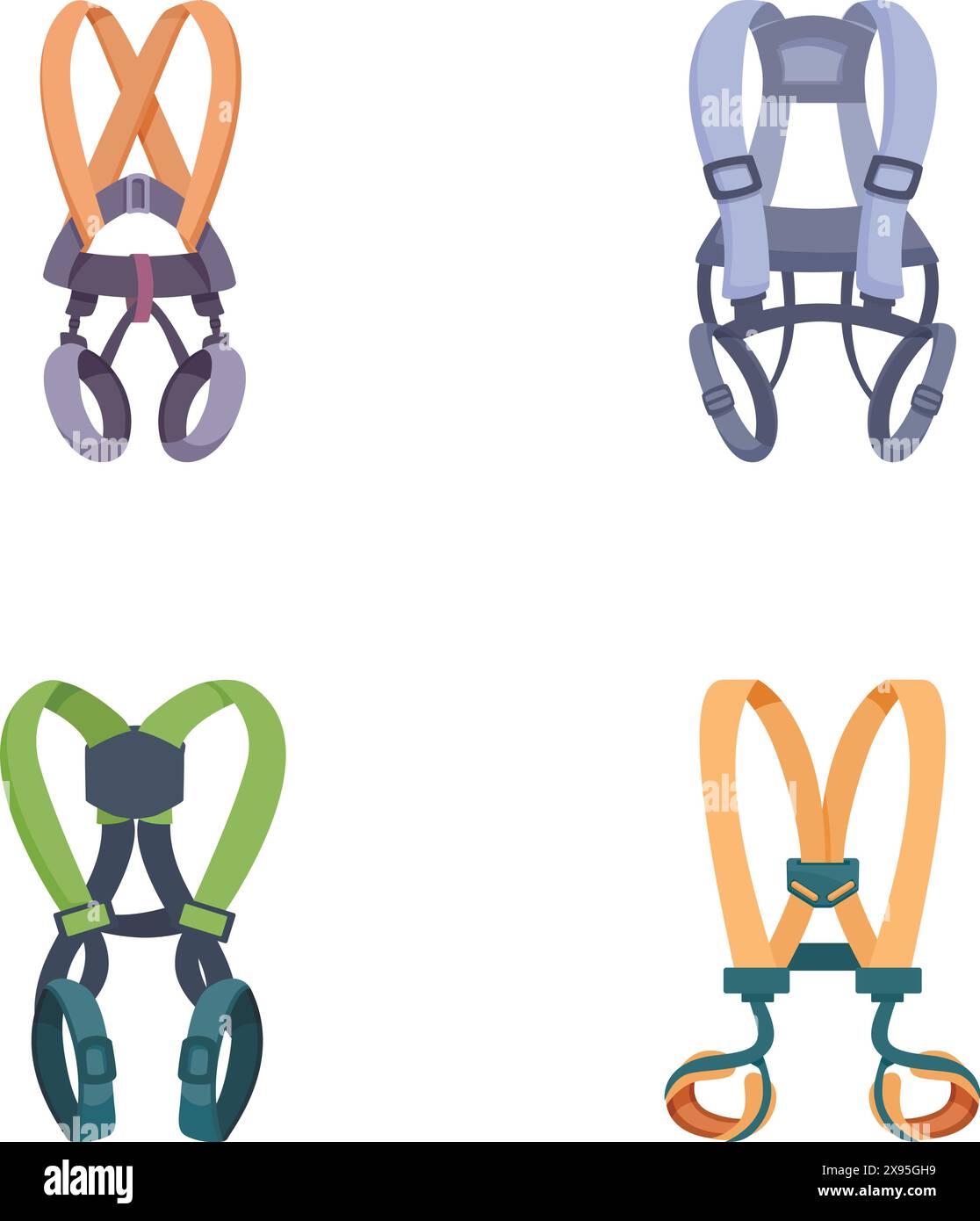 Collection of four vector illustrations of climbing harnesses with ...