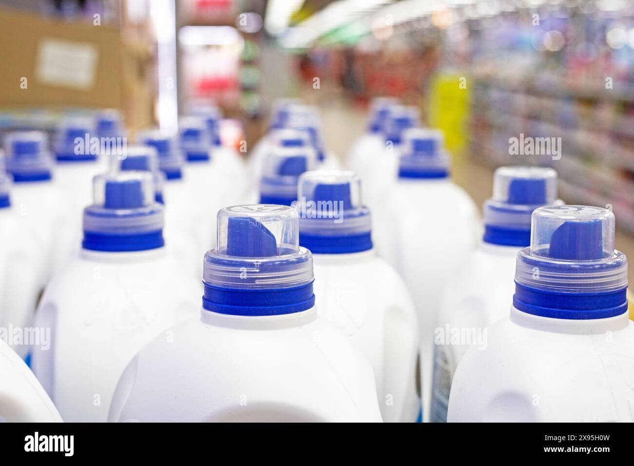 plastic containers with a chemical solution for cleaning, washing ...