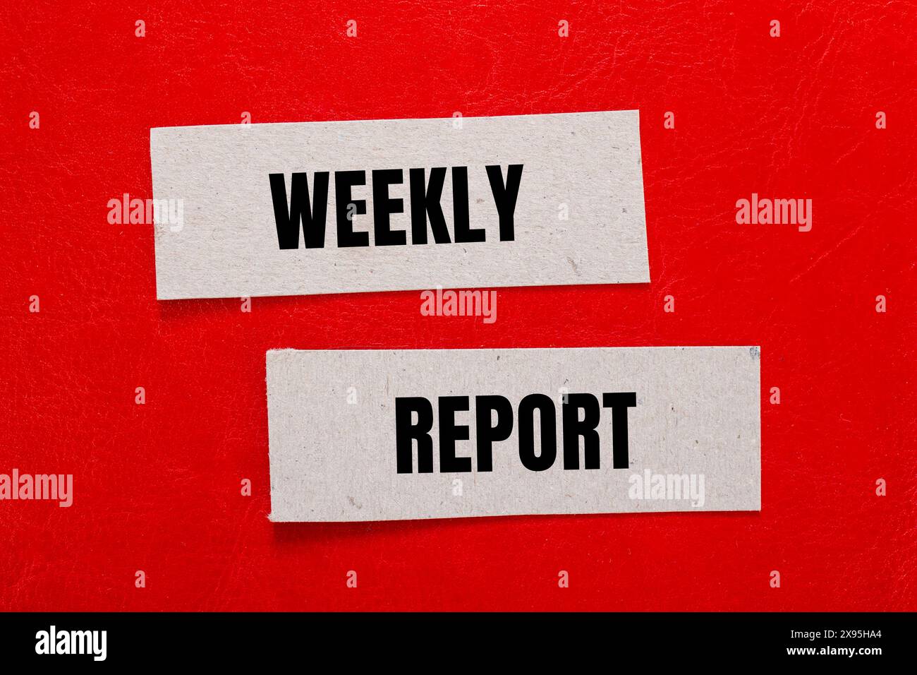 Weekly report words written on paper pieces with red background ...