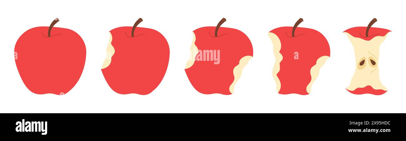 Apple eating steps cartoon icon set. Stages of biting red ripe apple ...