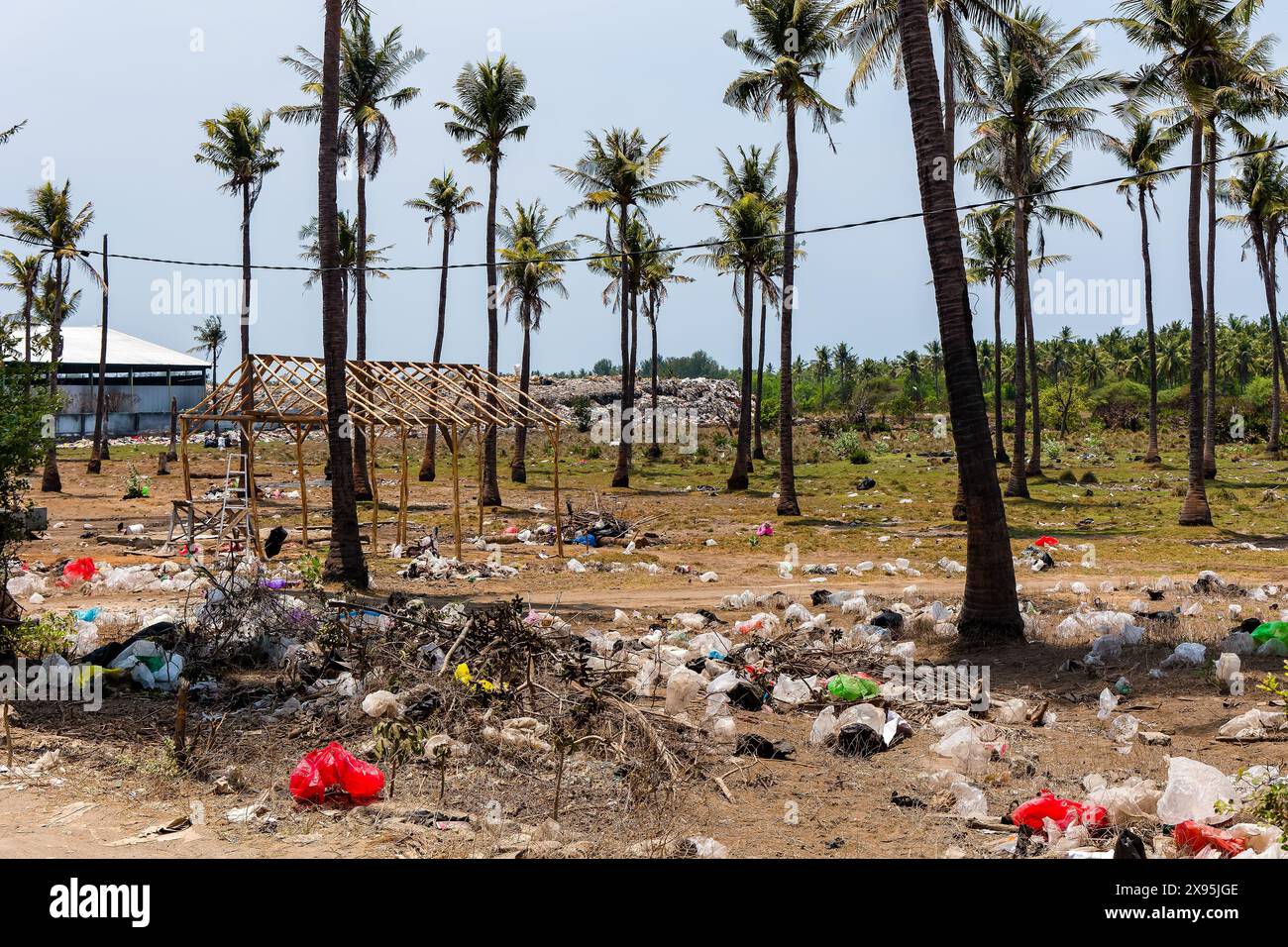 Plastic bags and trash blowing in the wind on an Indonesian island ...