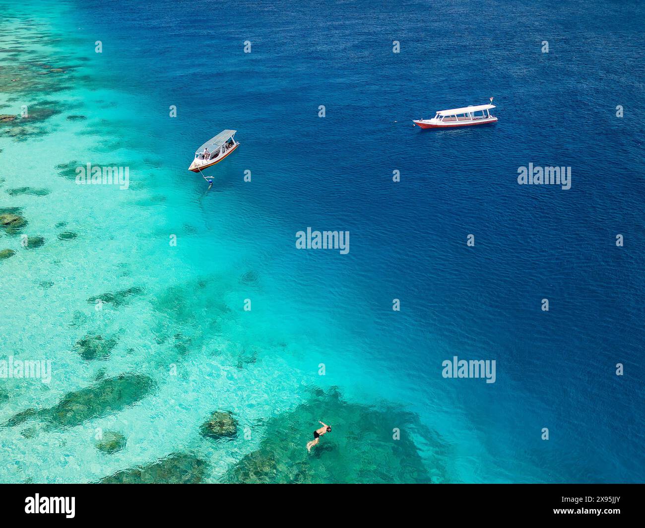 Snorkelers and tour boats over a shallow tropical coral reef (Gili ...