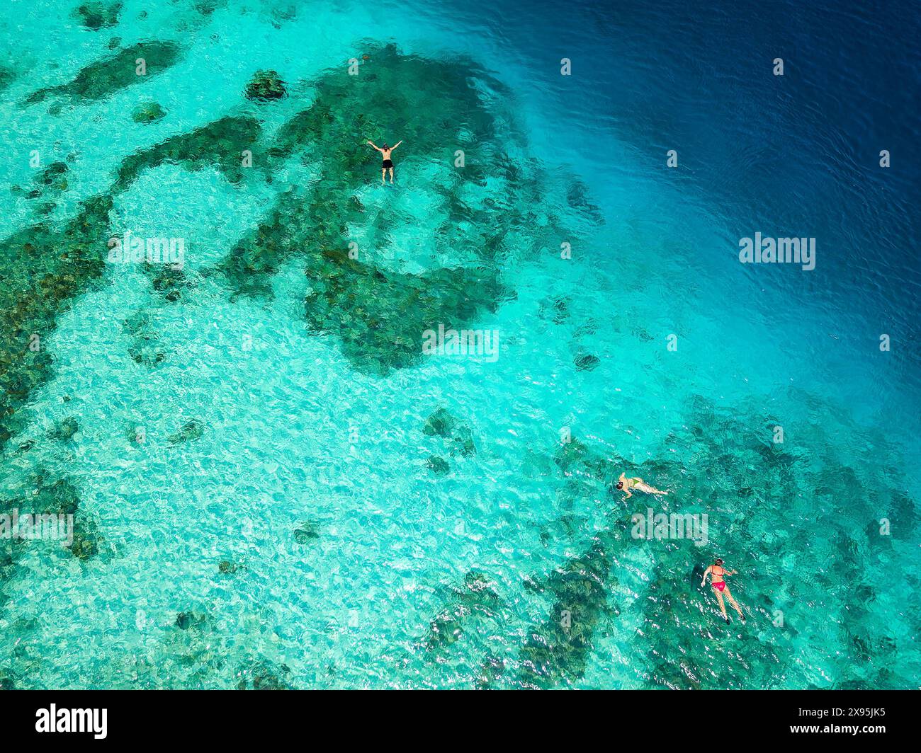 Aerial view of snorkelers and tour boats over a shallow tropical coral ...