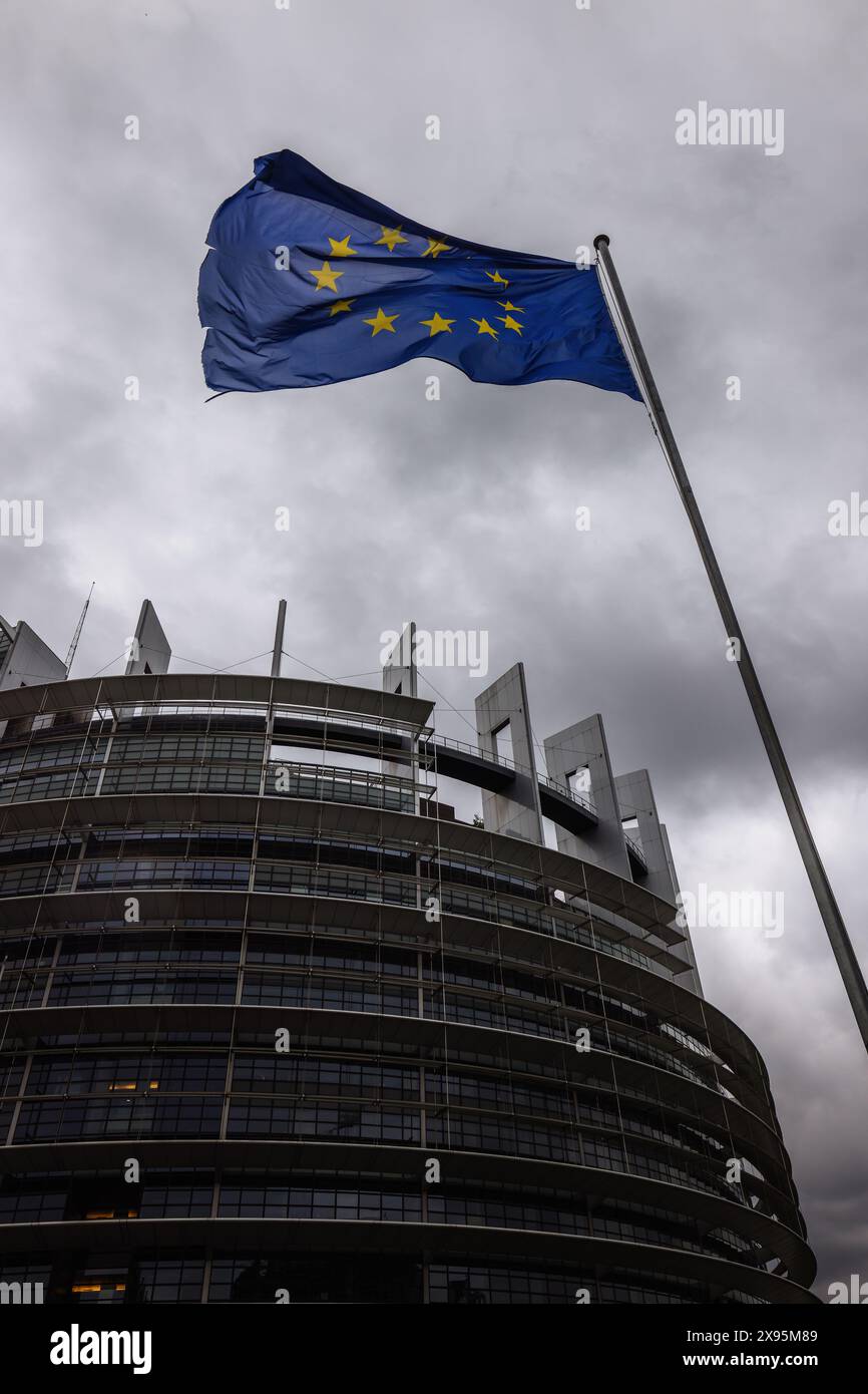 29 May 2024, France, Straßburg: The flag of the European Union flies in ...
