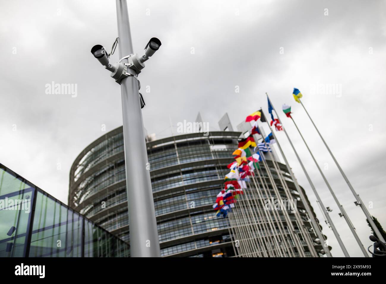 29 May 2024, France, Straßburg: Surveillance cameras are mounted on a ...