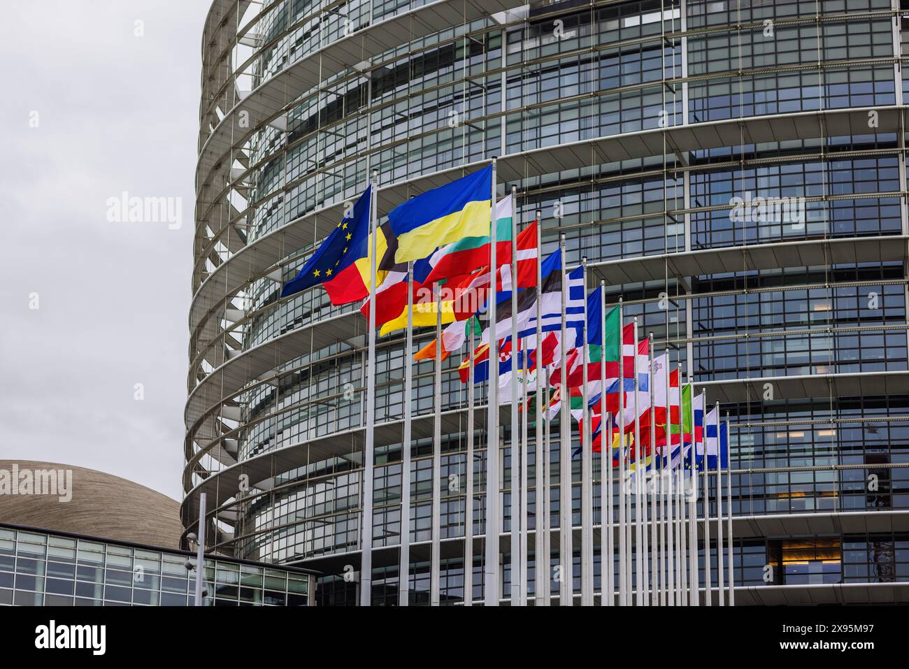 29 May 2024, France, Straßburg: The flag of the European Union flies in ...