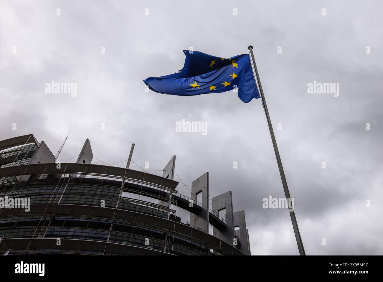 29 May 2024, France, Straßburg: The flag of the European Union flies in ...