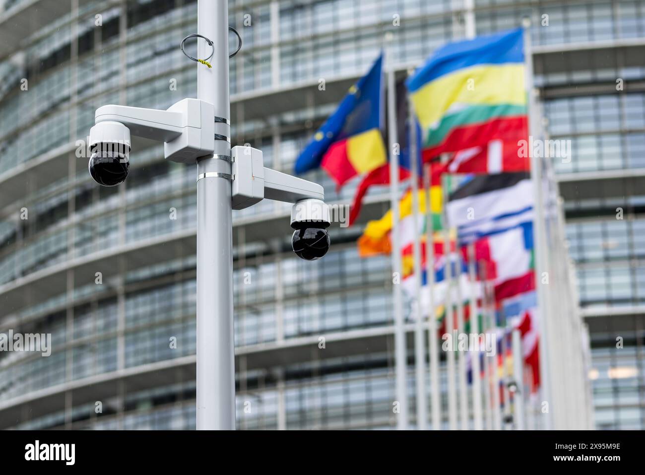 29 May 2024, France, Straßburg: Surveillance cameras are mounted on a ...