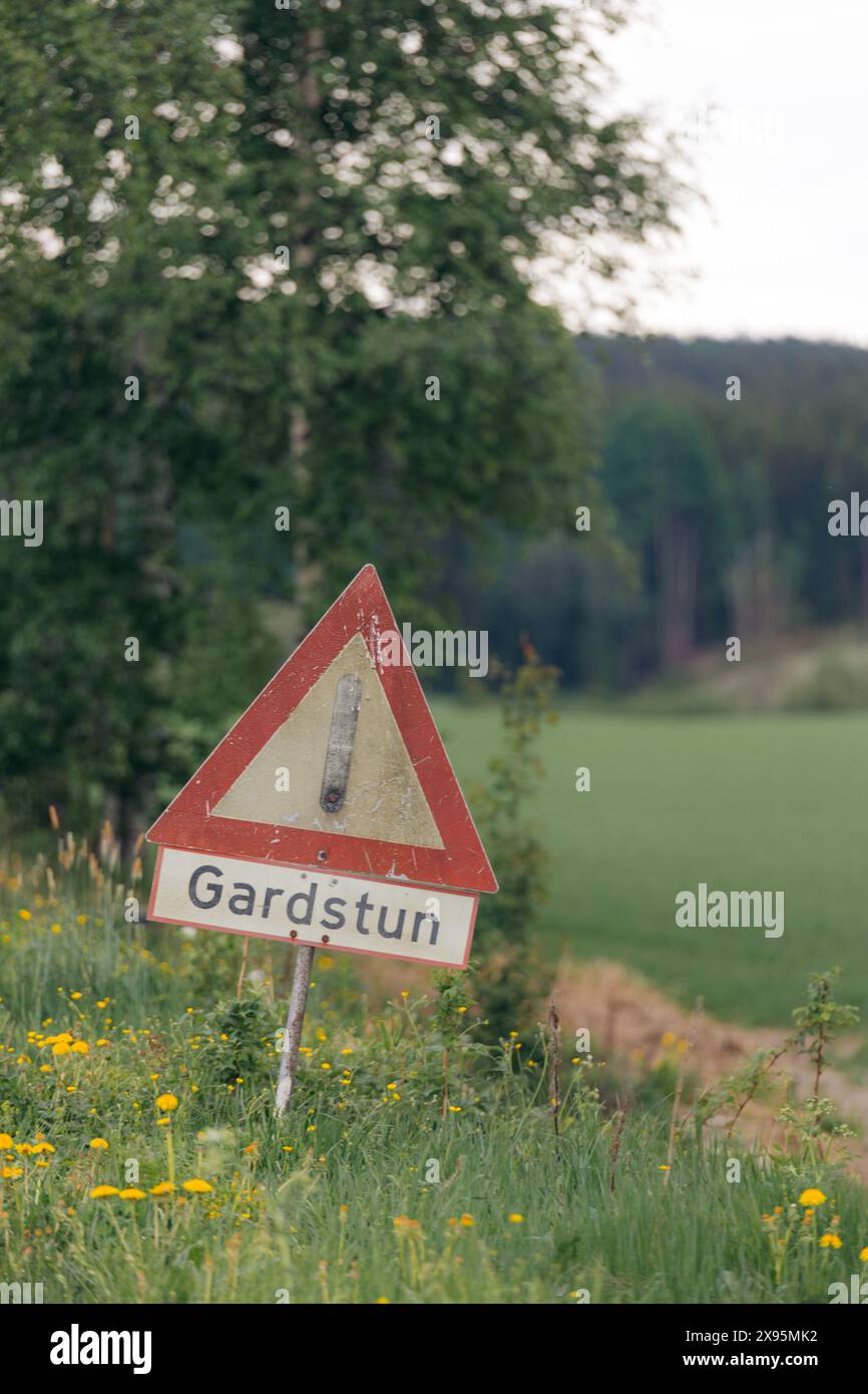 Road sign standing in grass on side of Norwegian country road ...