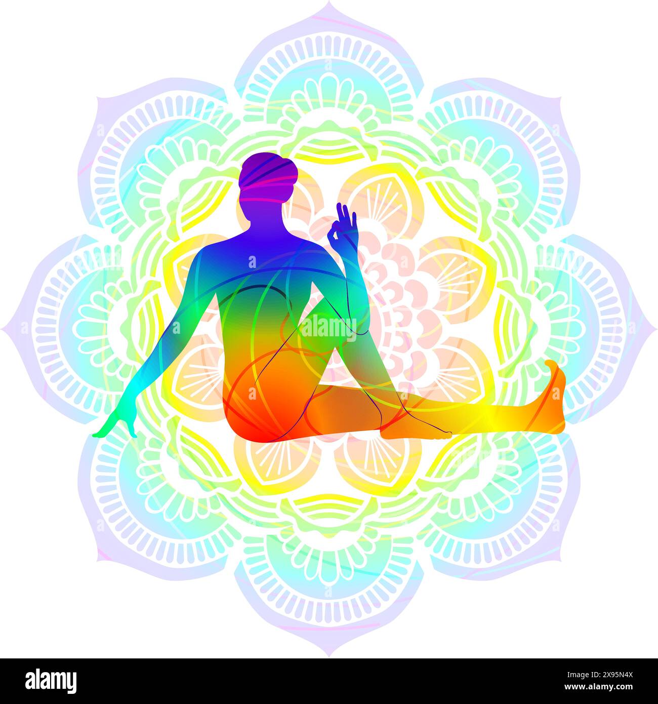 Colorful silhouette of woman practicing Vakrasana yoga pose. Seated ...