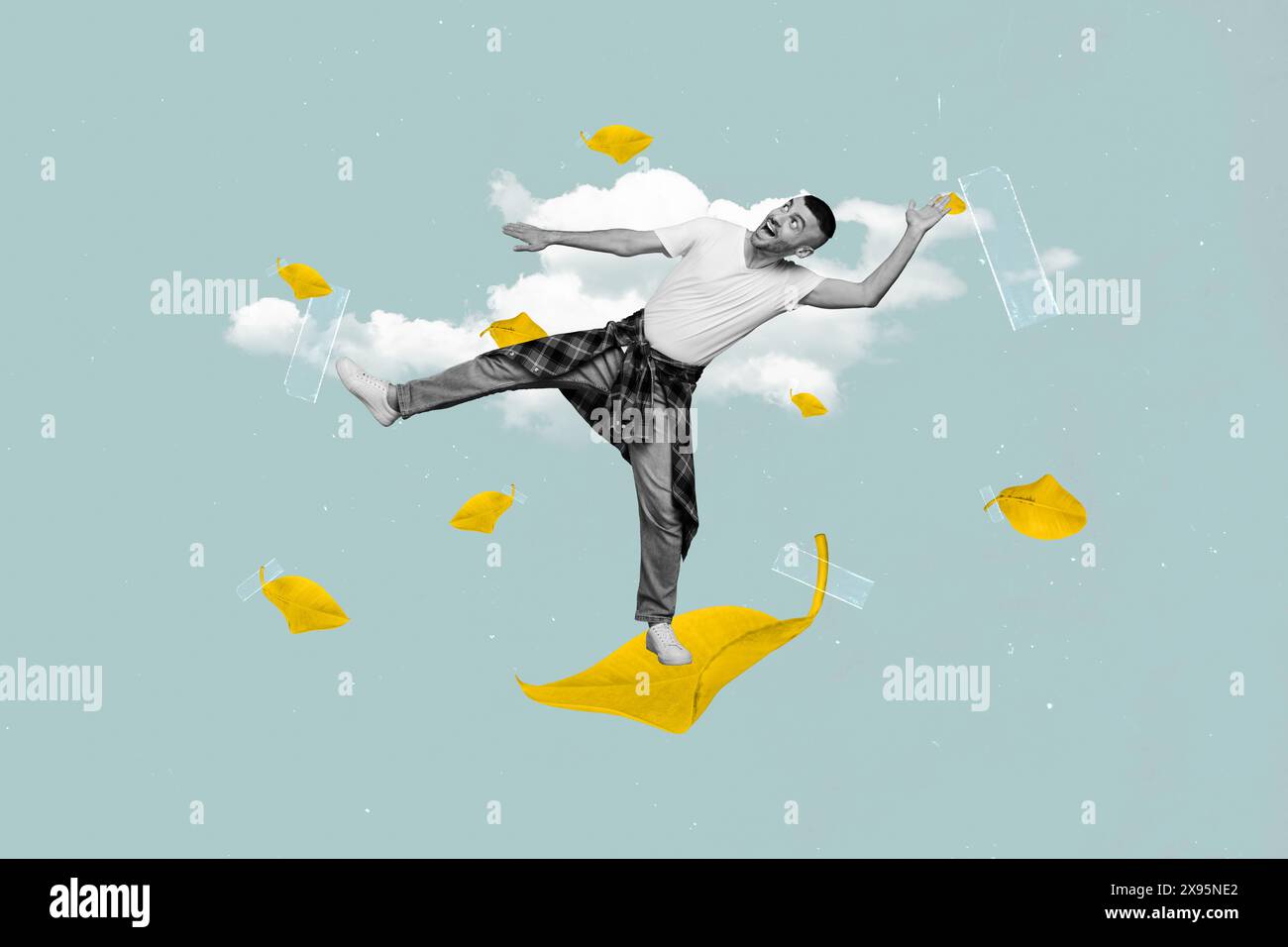 Collage photo artwork image of carefree cheerful guy rejoice have fun ...