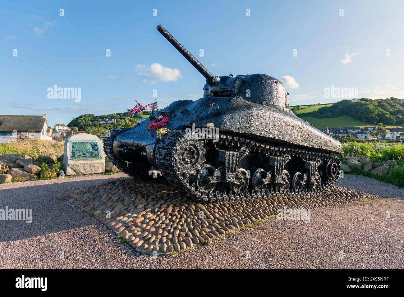 England, Devon, Torcross, Monument to Operation Tiger with Sherman Tank ...
