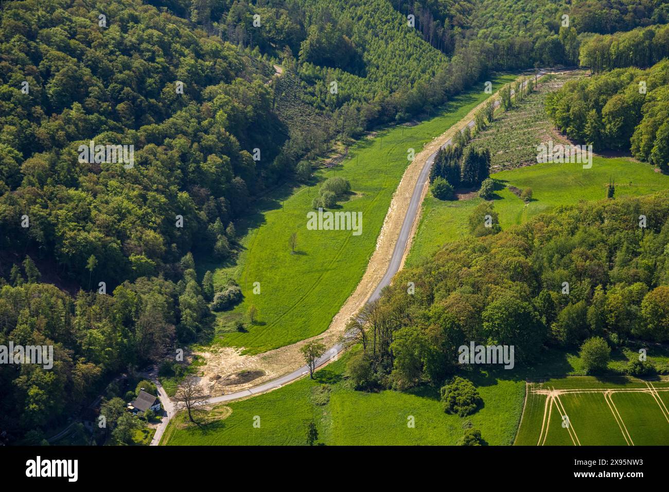 Wiesen und felder straße klippen durch ein waldgebiet hi-res stock ...