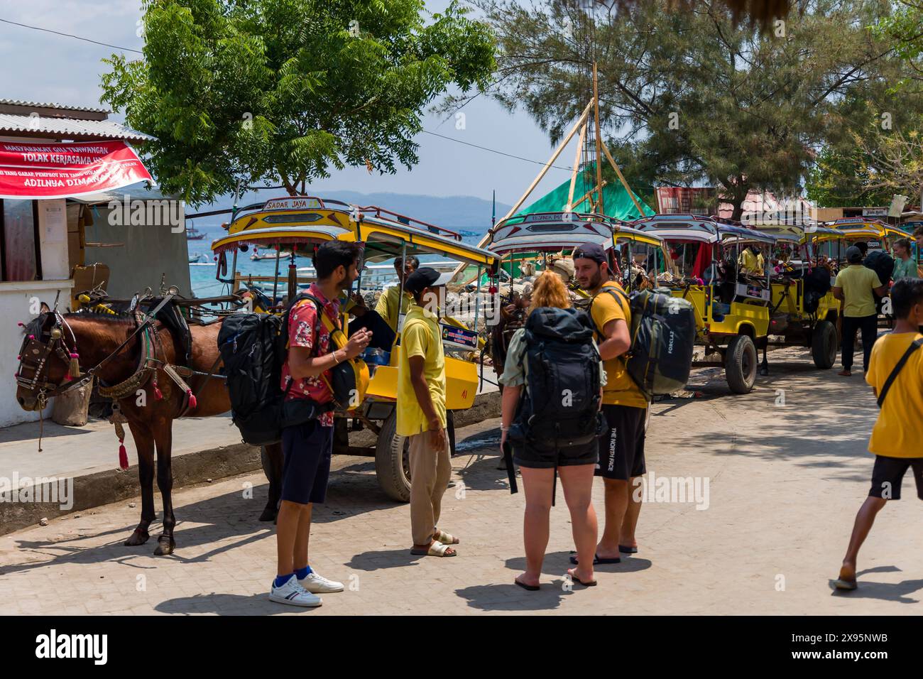 Traditional horse carts (Cidomo) wait next to the port on the main ...