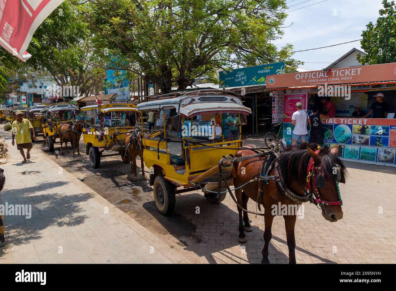 Traditional horse carts (Cidomo) wait next to the port on the main ...