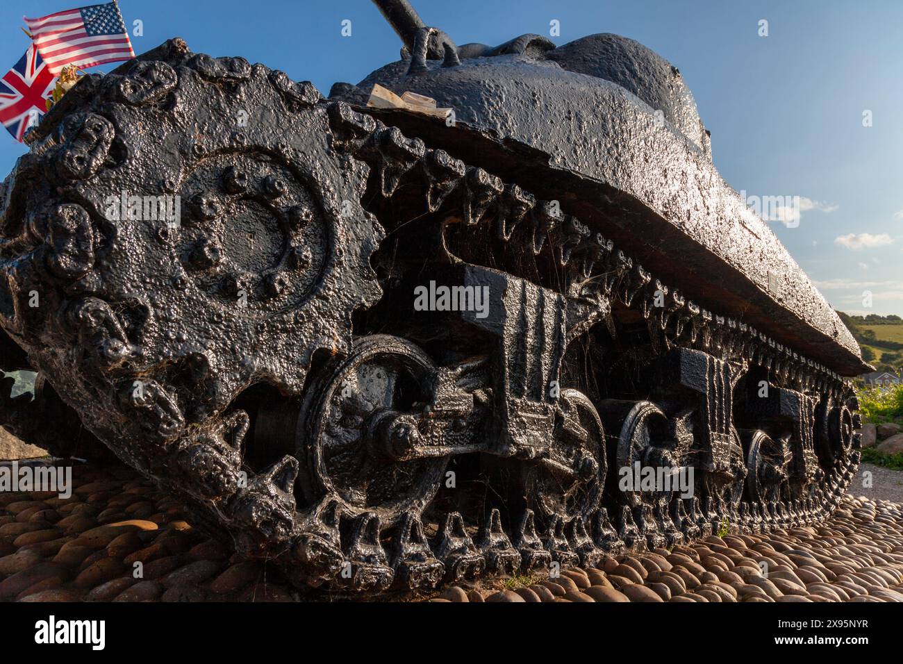 England, Devon, Torcross, Monument to Operation Tiger with Sherman Tank ...