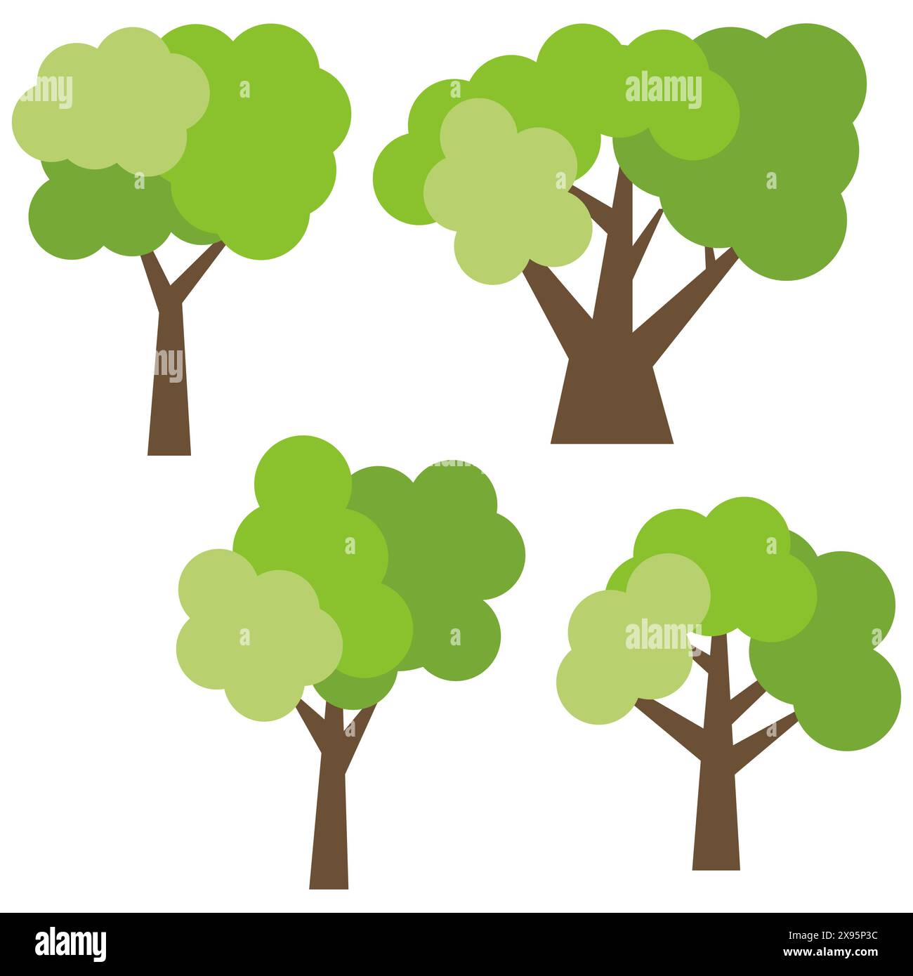 Set of four different cartoon green trees isolated on white background ...
