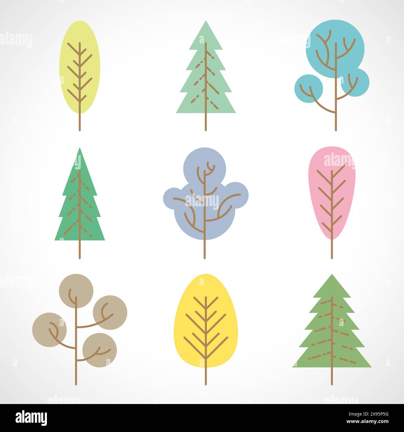 Set of nine multicolored trees on white background. Vector illustration ...