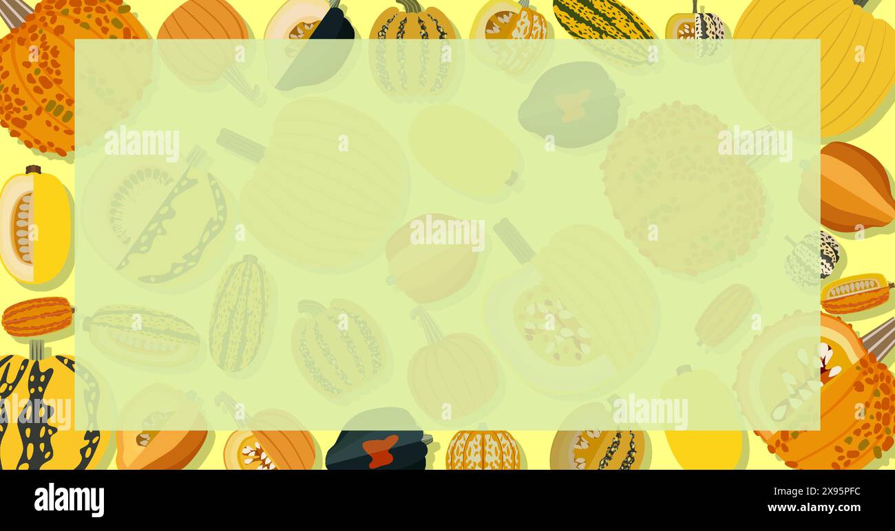 Rectangular banner with types of winter squash. Cucurbita pepo. Fruits ...