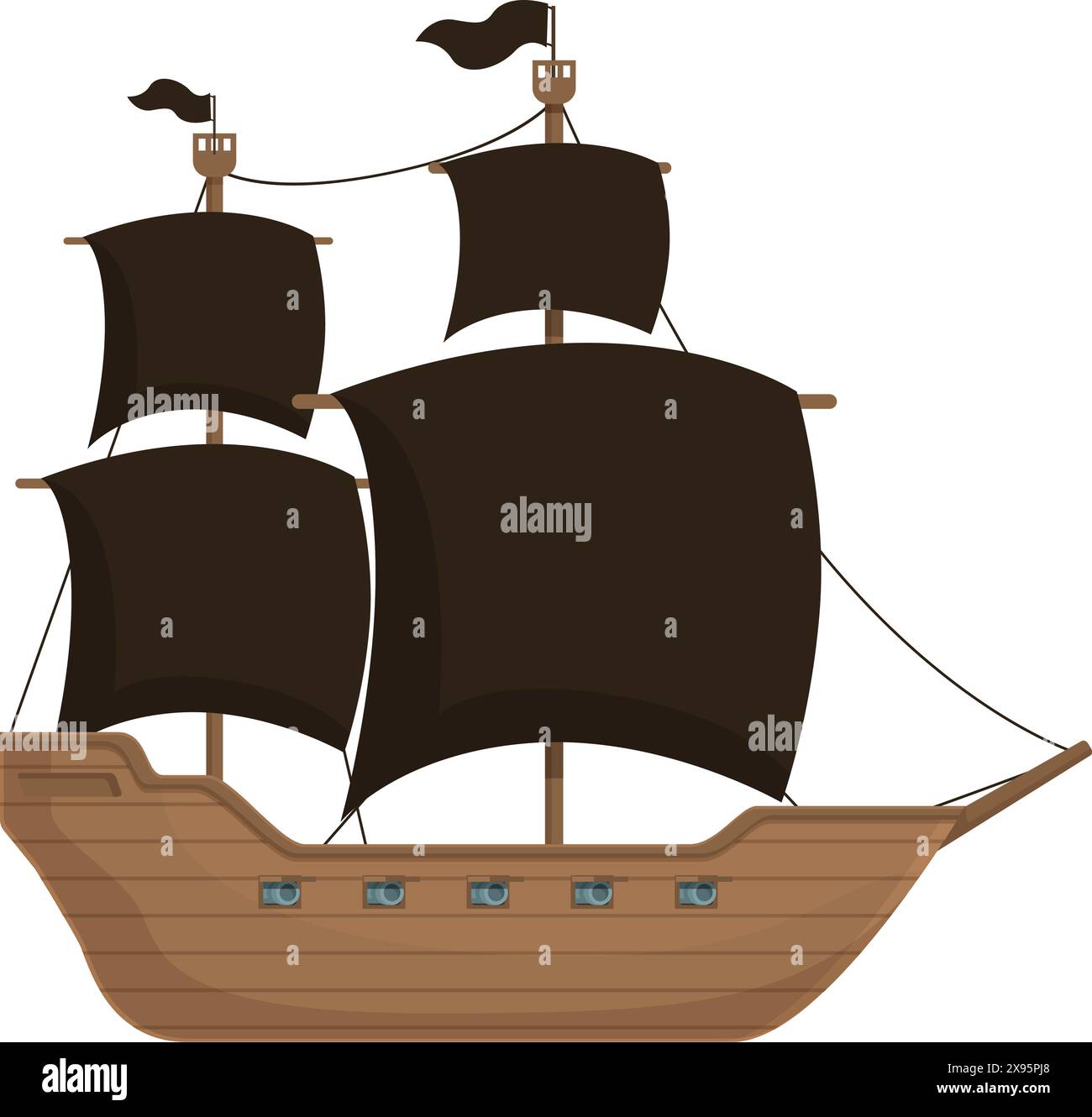 Antique vintage pirate ship illustration with black sails and wooden ...