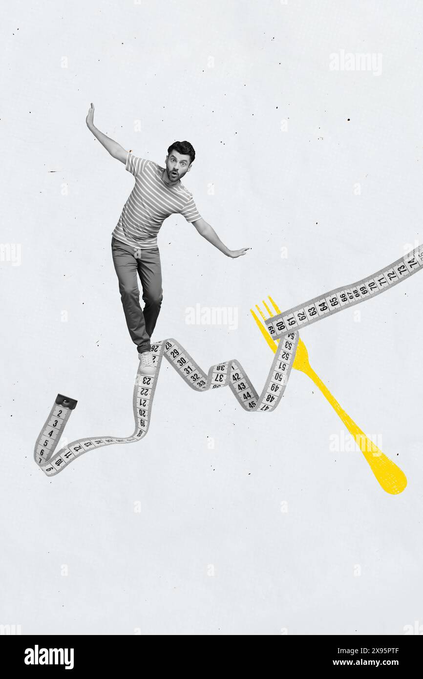 Collage image artwork of concentrated man walking balancing measuring ...