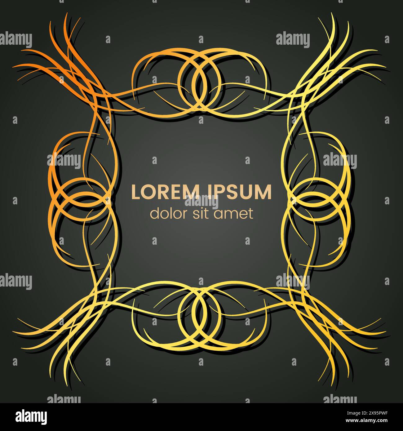 A square golden monogram element on a dark background. Vector ...