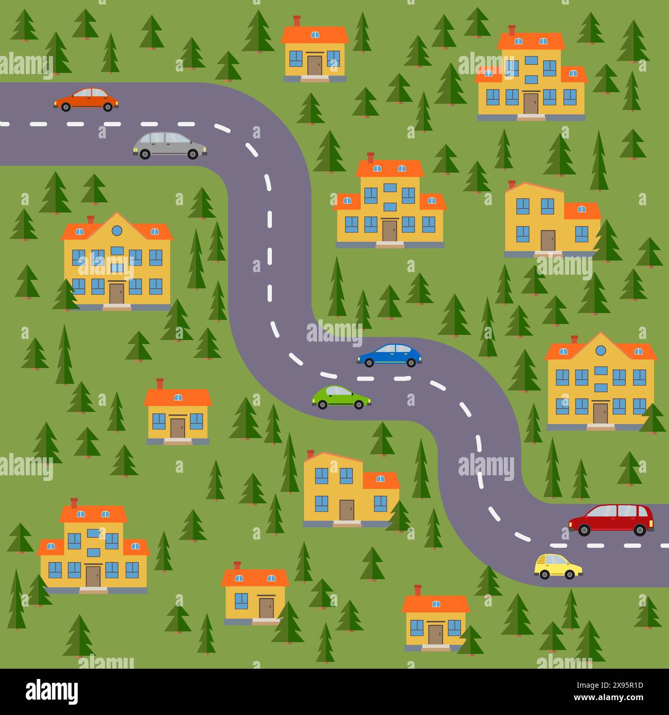 Plan of village. Landscape with the road, forest, cars and houses ...