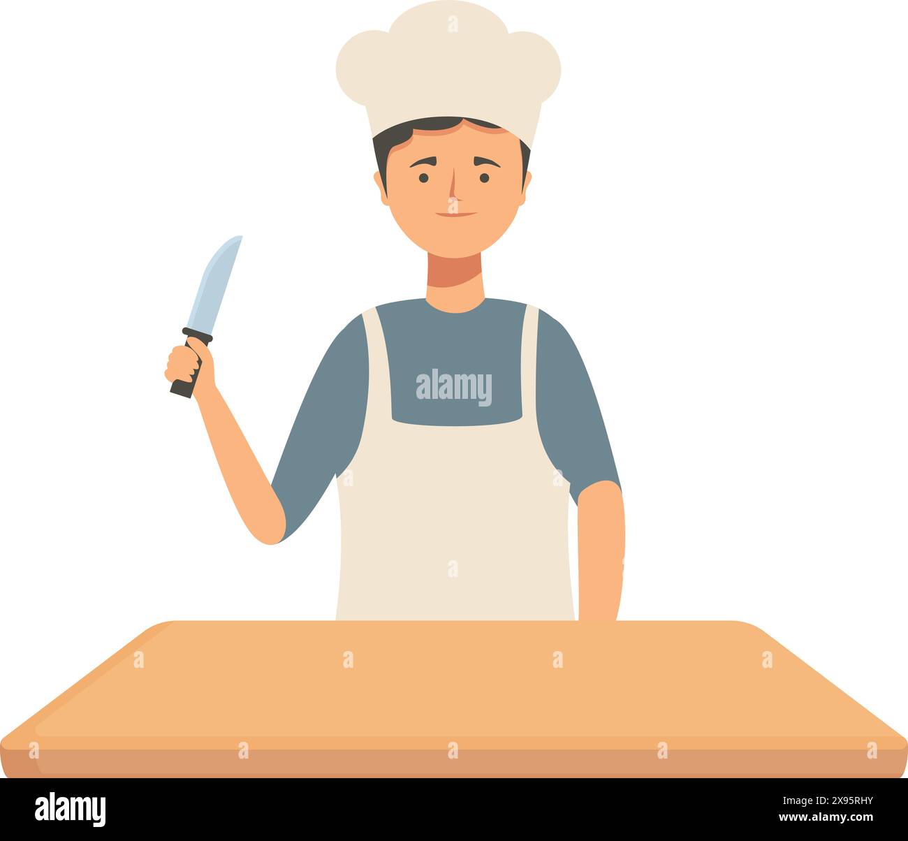 Cartoon of a young chef with a knife standing by a wooden chopping ...