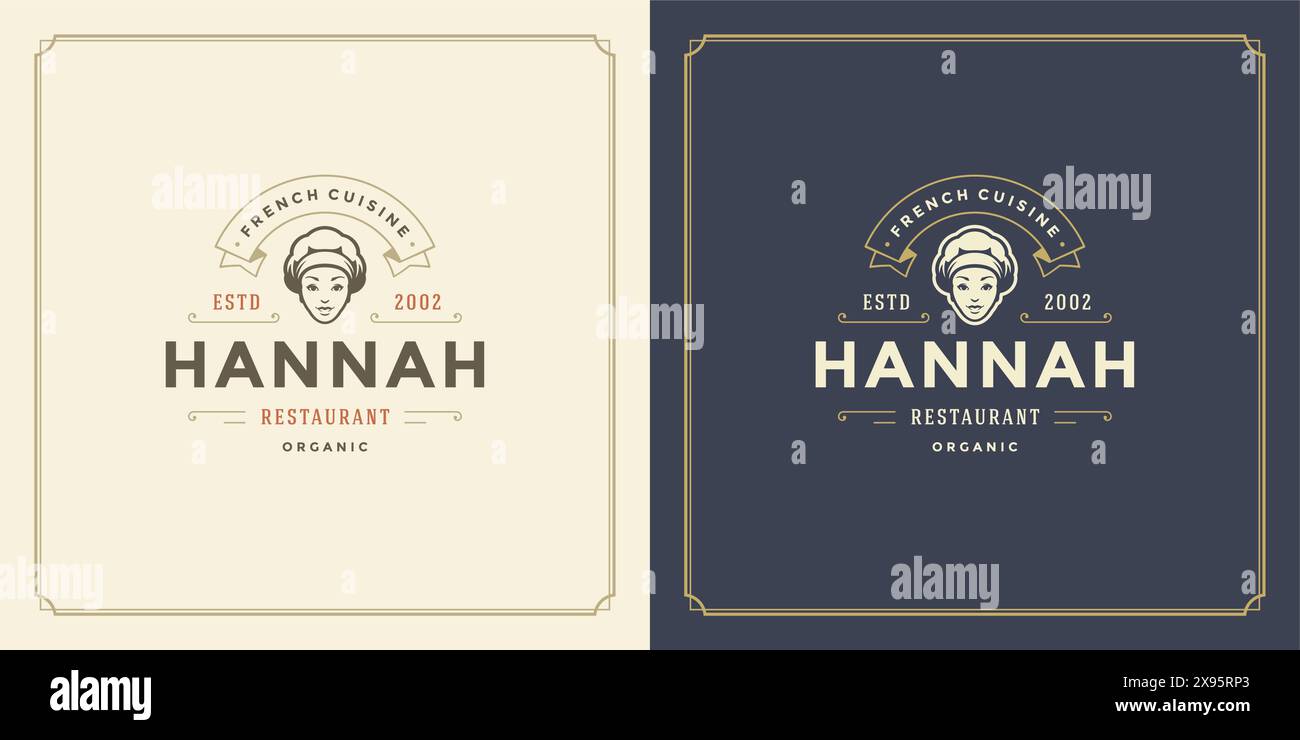 Restaurant logo template vector illustration woman chef head in cap ...