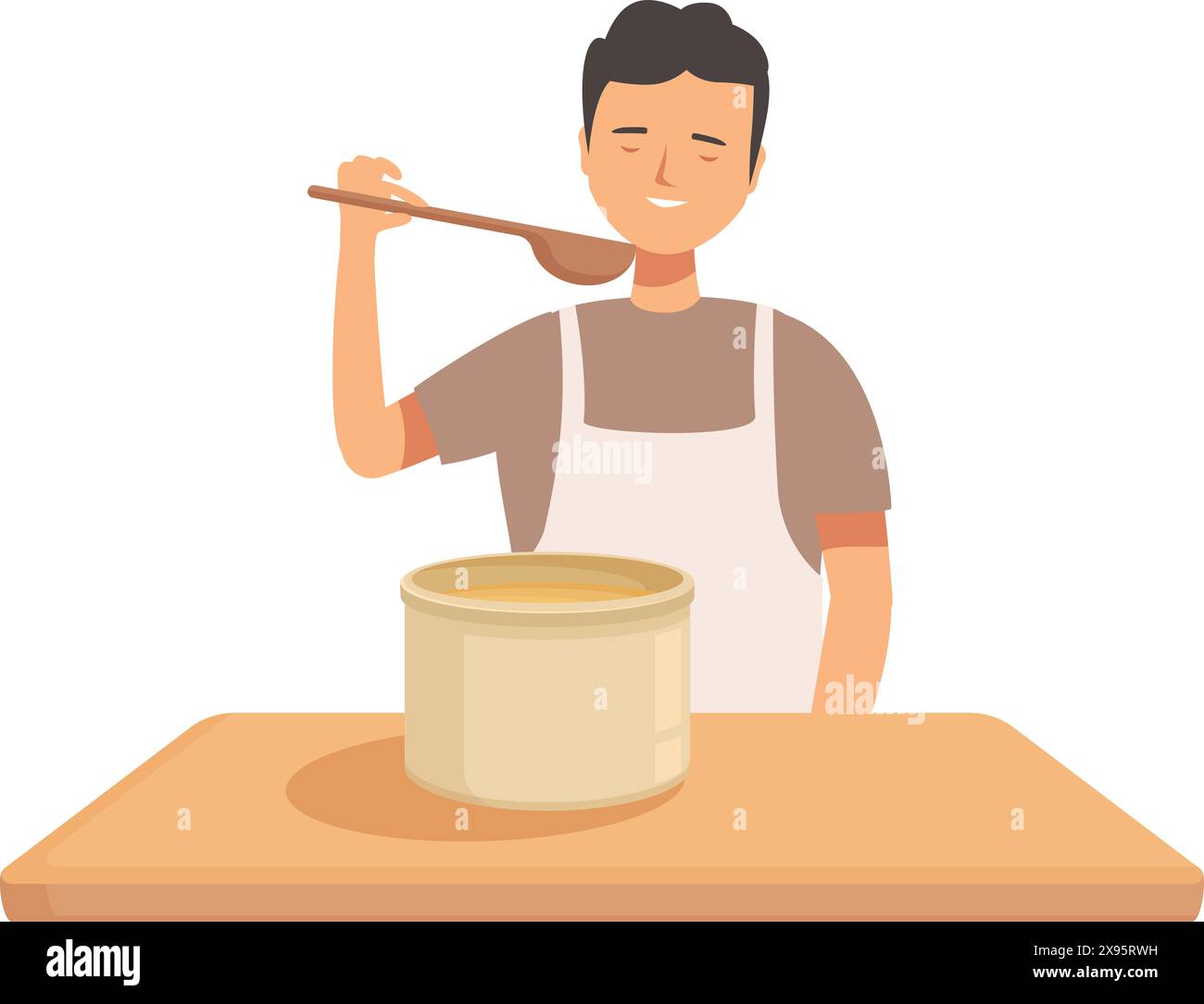 Focused man sampling homemade soup from a wooden spoon in a modern ...