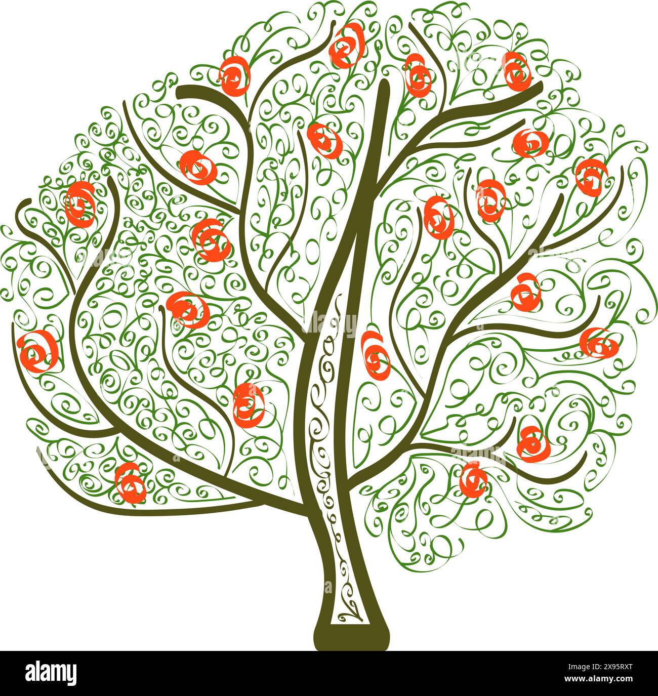 Isolated illustration with abstract apple tree drawing in contour line ...