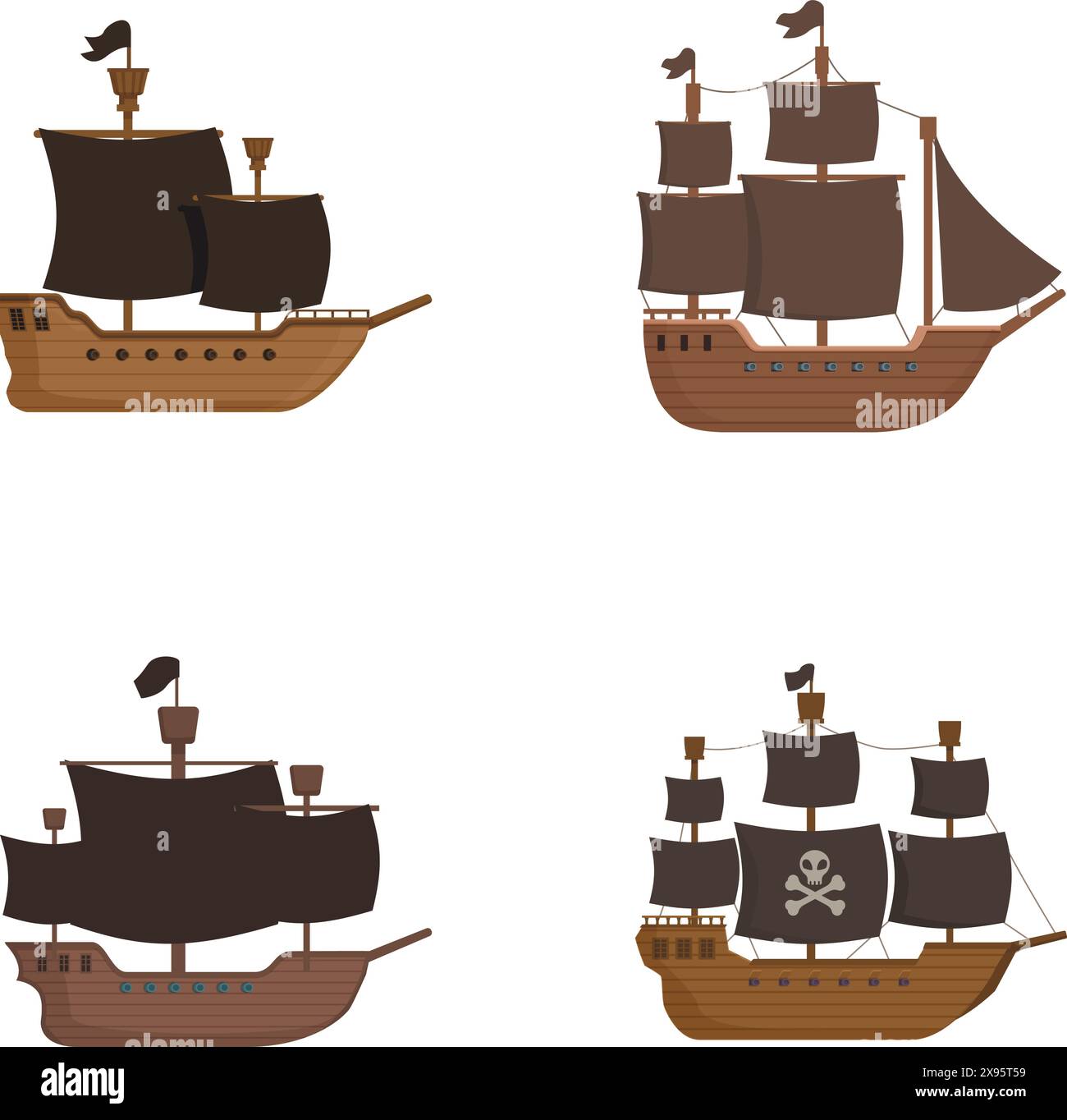 Collection of four cartoonstyle pirate ships, varying designs, isolated ...