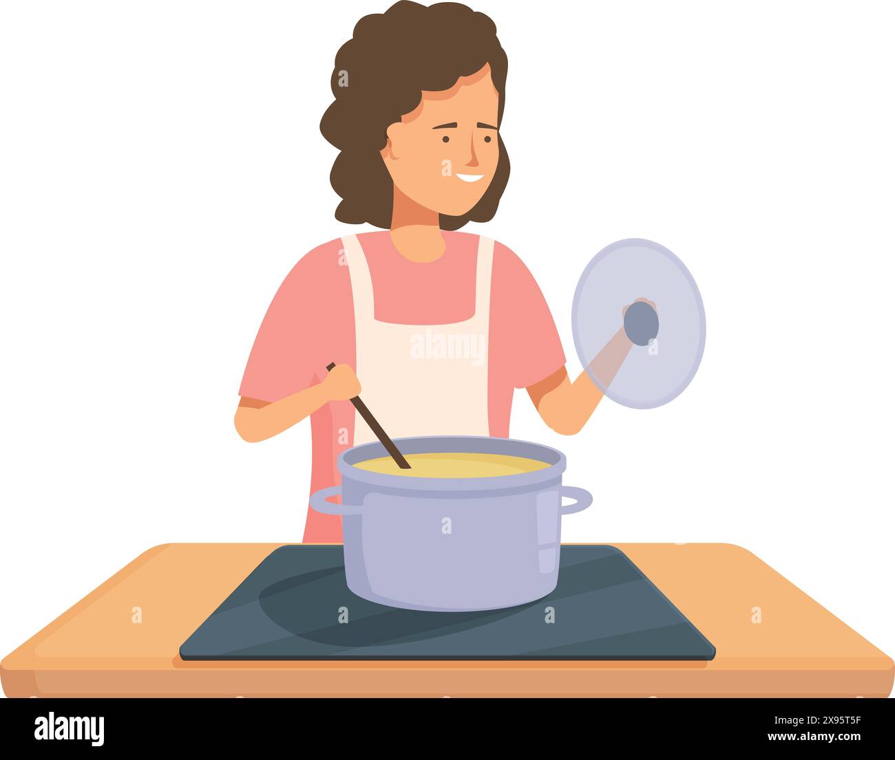 Cheerful cartoon woman stirring a pot on the stove in a home kitchen ...