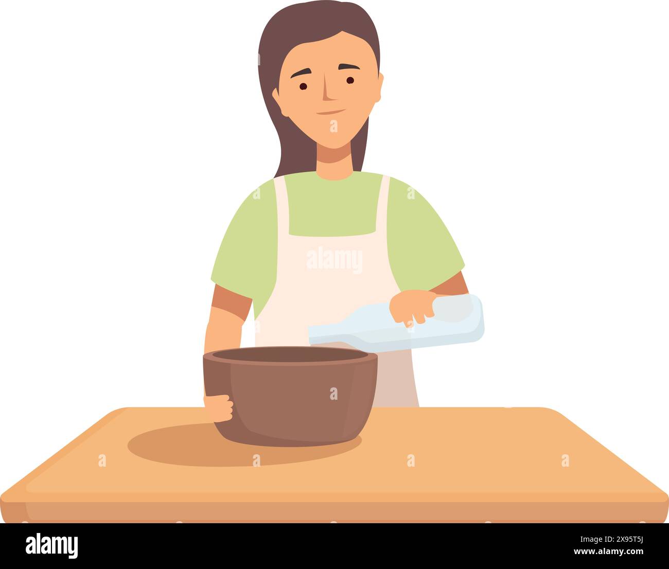 Illustration of a woman in apron pouring ingredients into a mixing bowl ...