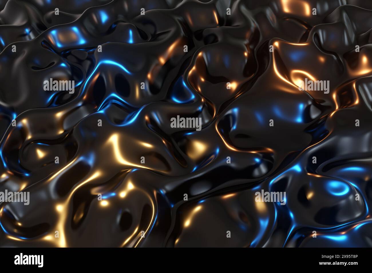 Black sticky fluid under yellow and blue lights. 3D illustration as ...