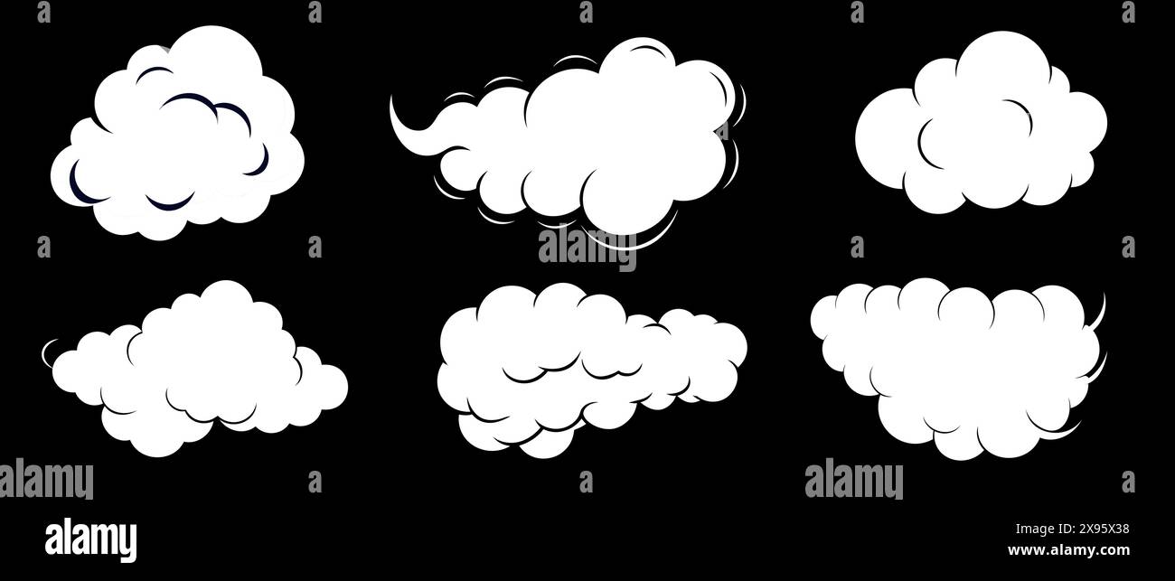 Simple collection of cartoon clouds. Abstract white clouds on a black background. vector ...