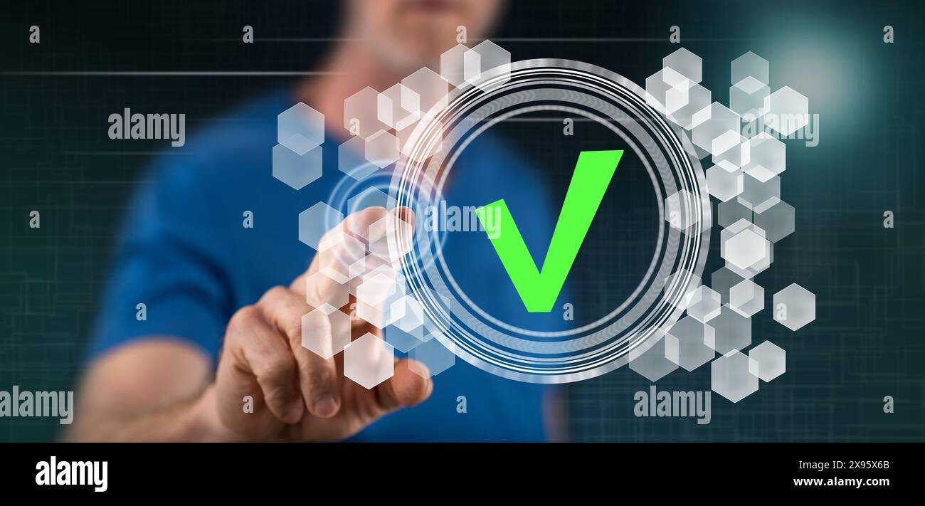 Man touching a validation process concept on a touch screen with his ...
