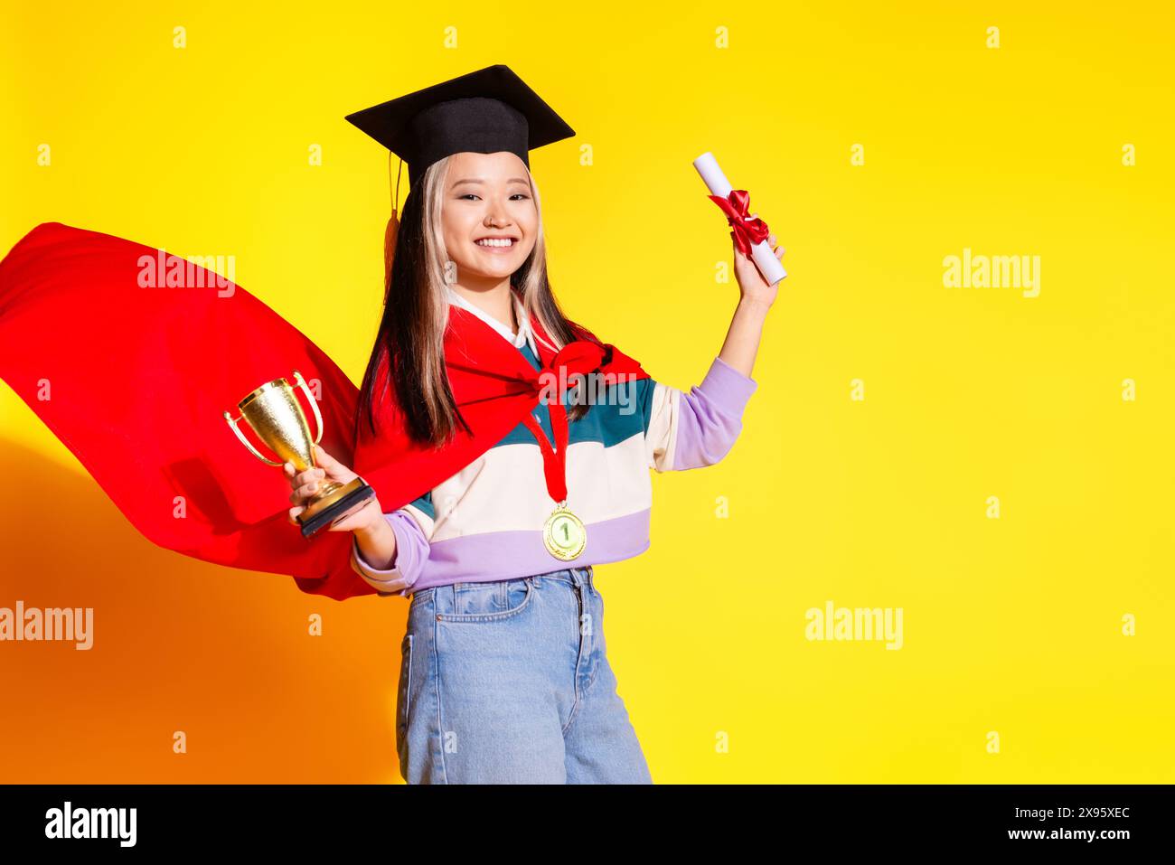 Photo of intelligent diligent woman wear red cloak academic hat hold ...