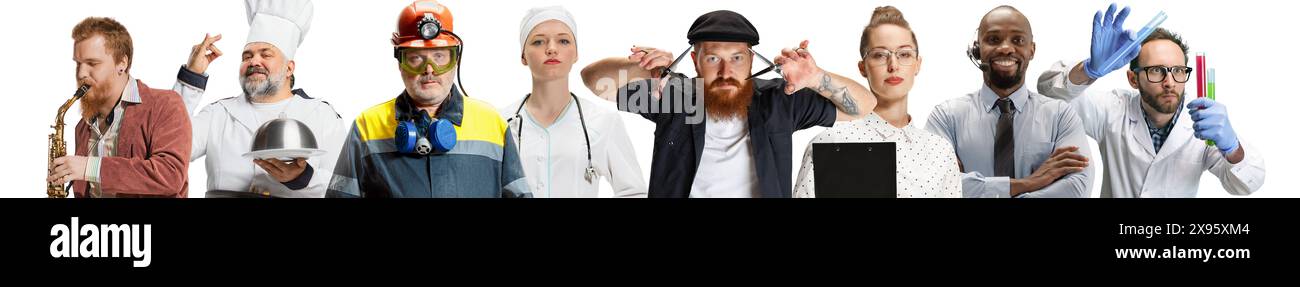 Different people, men and women showing various professions, posing in ...