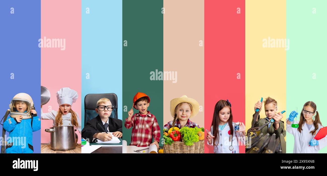 Collage. Portrait of little boys and girls, children in image of ...